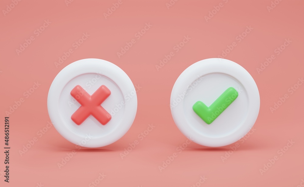 3D illustration Correct and incorrect symbol icon checkmark button ...