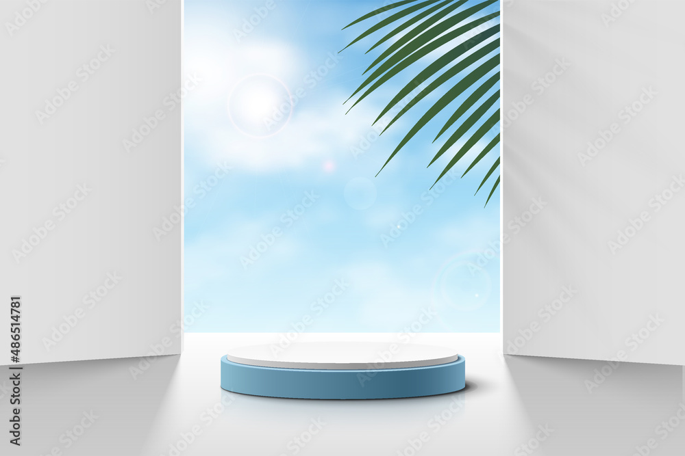 Realistic white and blue 3D cylinder pedestal podium with cloud blue ...