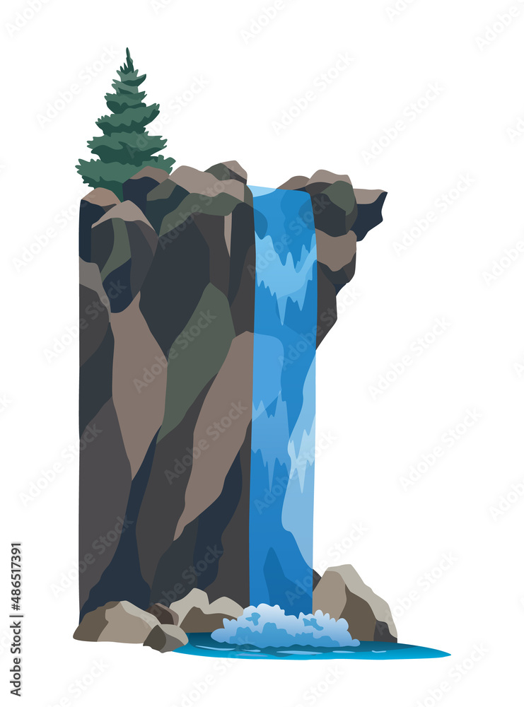 Waterfall. Cartoon landscape with rock mountains and tree. River fall ...