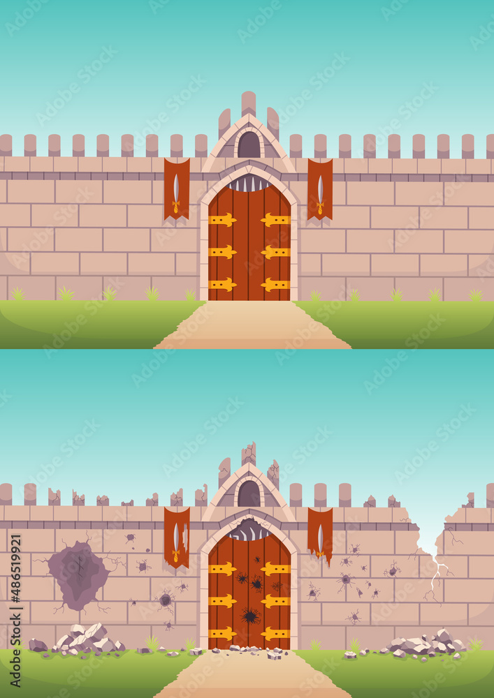 Medieval walls in two types before and after enemies attack or siege ...