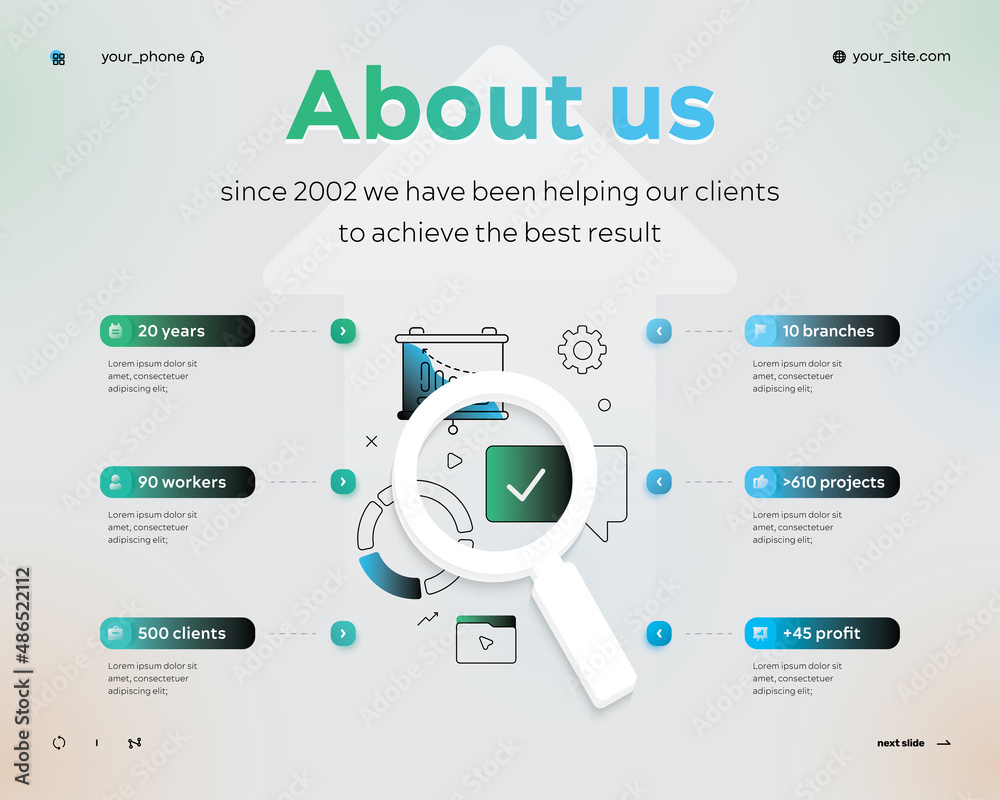 Slide about us, about company. Thin line and volume element design ...