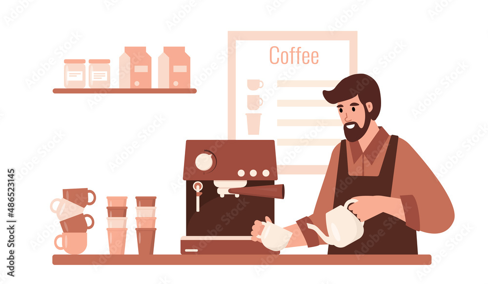 Man barista making Coffee in cafe with coffee machine. Male person ...