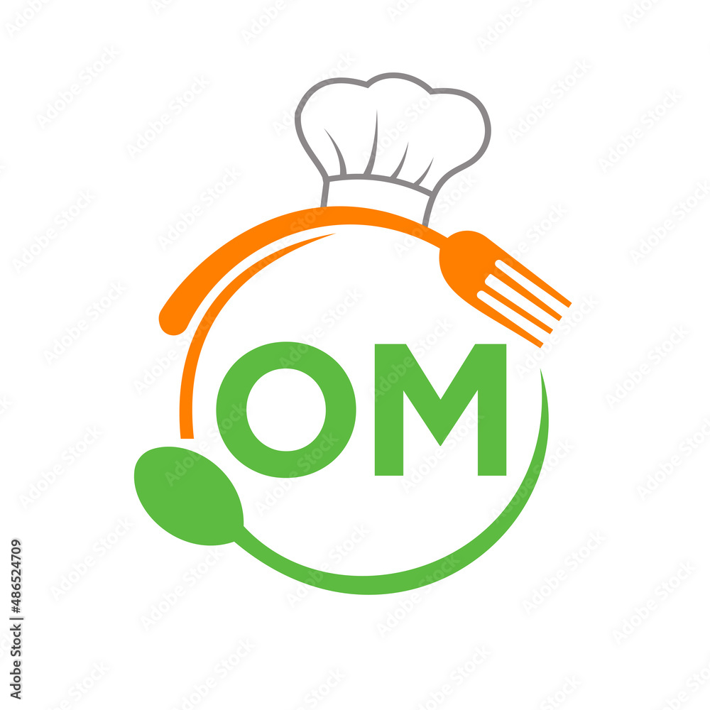 Letter OM Restaurant Logo with Chef Hat Spoon And Fork Template ...
