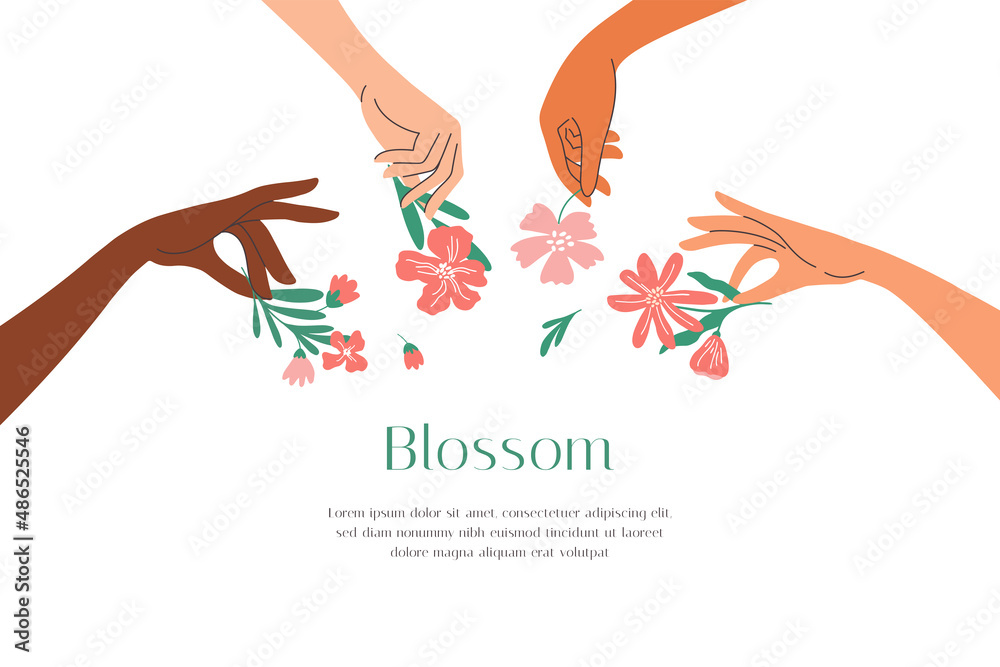 Diversity human hands holding flower. People gift blossom flowers ...