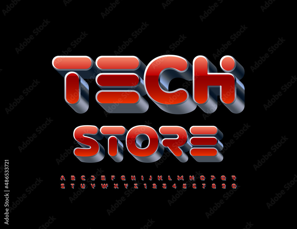 Vector futuristic logo Tech Store. 3D Red and Silver Font. Glossy ...