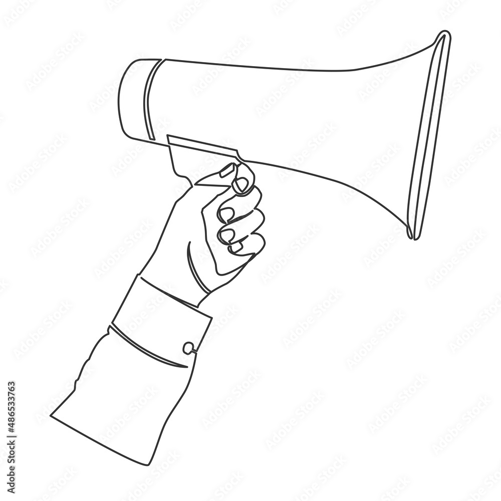 single line drawing of hand holding megaphone, continuous line vector ...