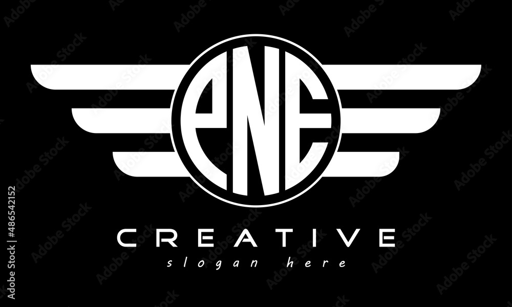 PNE three letter monogram type circle letter logo with wings vector ...