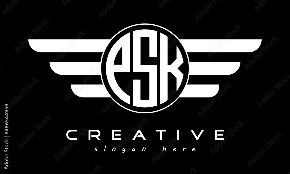 PSK three letter monogram type circle letter logo with wings vector ...