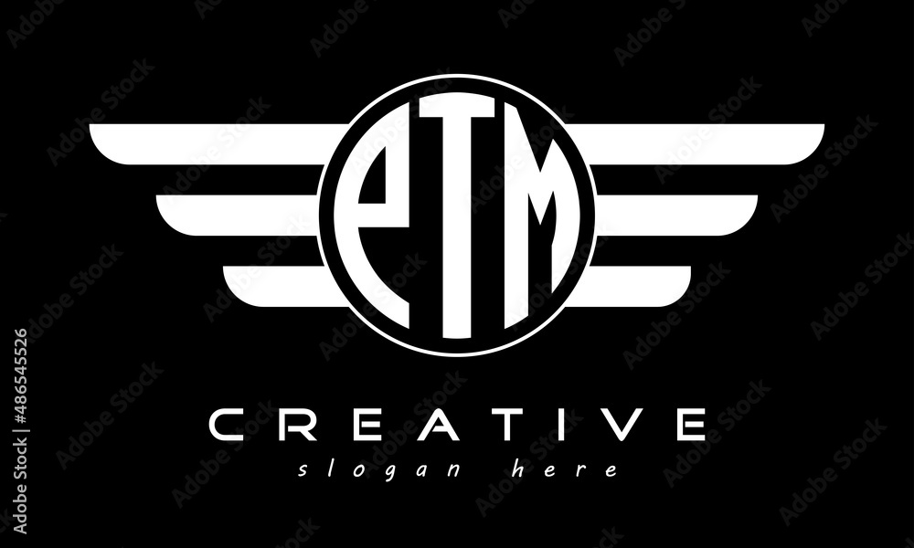 PTM three letter monogram type circle letter logo with wings vector ...