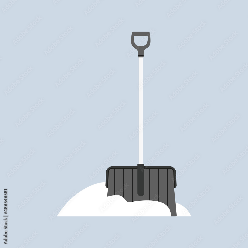 Vector illustration of a plastic shovel in a snowdrift, spade for snow ...