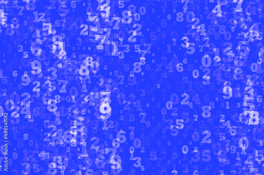 Random numbers 0 - 9. Blue Background in a matrix style. Binary code ...