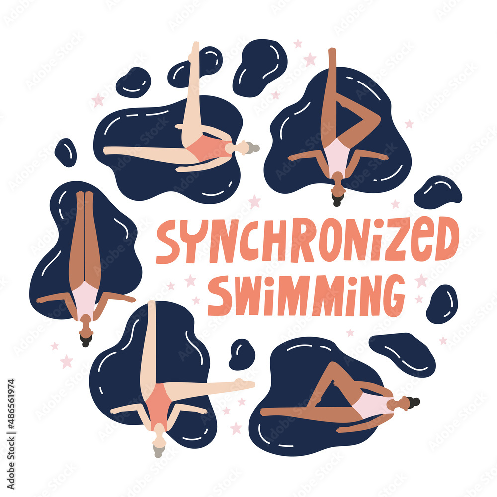 Synchronized swimming lettering on a background with different swimmers ...