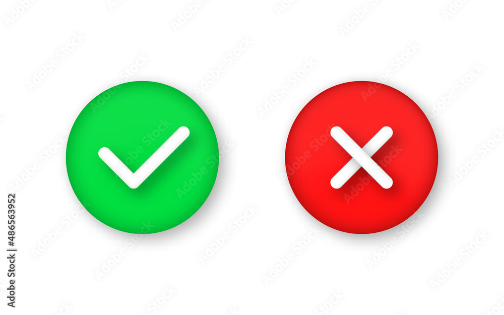 Check mark and cross symbols. 3d render style check mark and cross icon. Right and wrong, yes ...