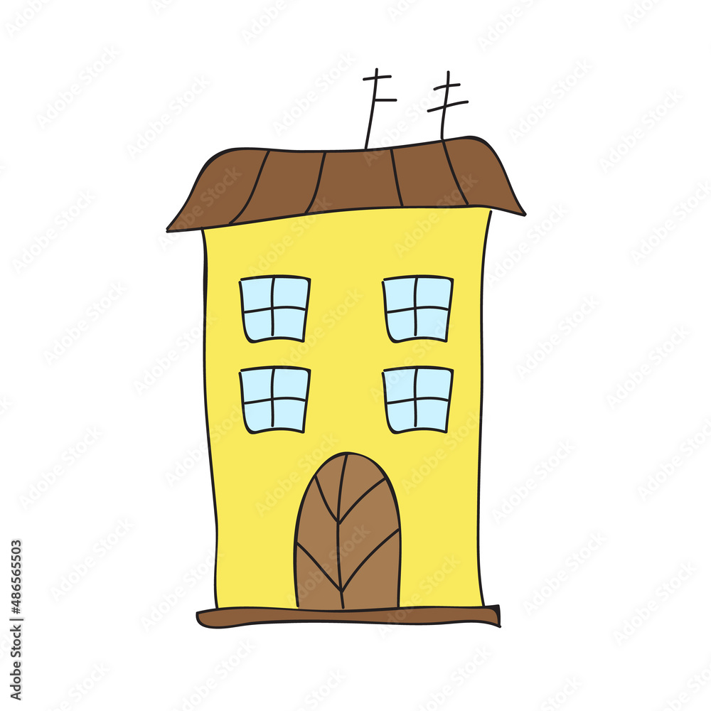 Multi storey yellow building on white background. Simple cartoon town ...