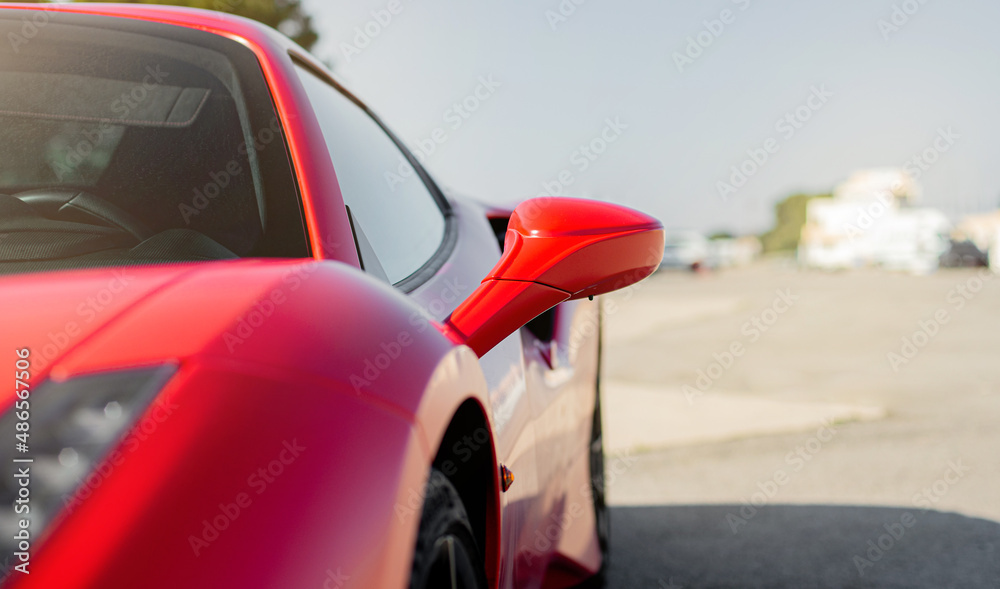 Calafat, Spain, April 18, 2021: Detail view of the rear view mirror of ...
