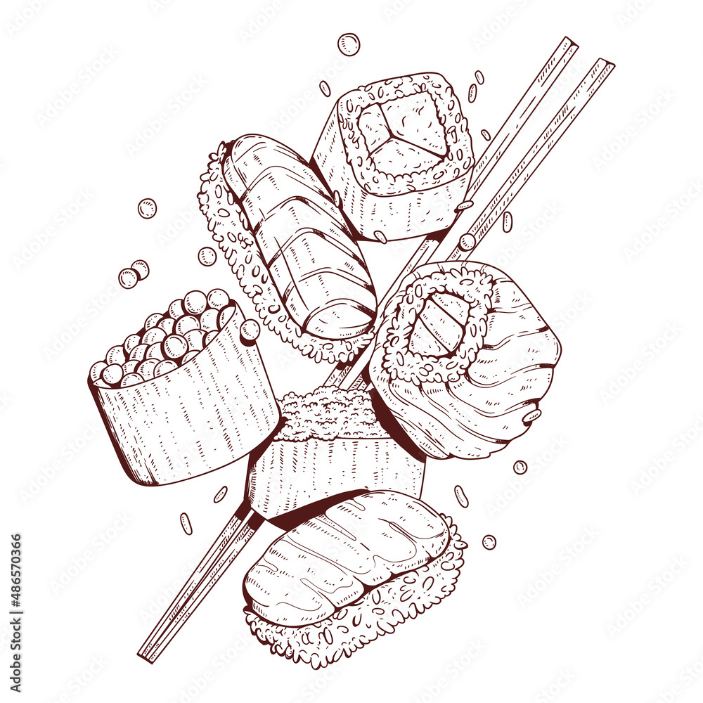Sushi set, sketch drawn vector. Outline illustration of delicious sushi ...