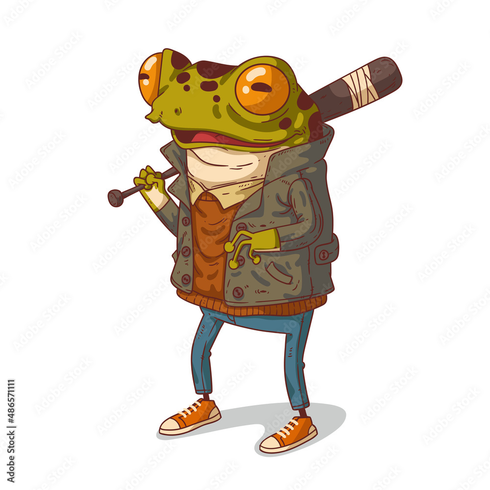 A thug frog with a bat, isolated vector illustration. Casually dressed ...