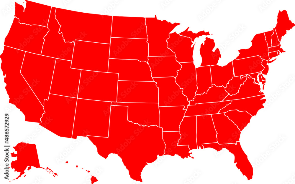 Red colored United States of America map. Political USA map. Vector ...