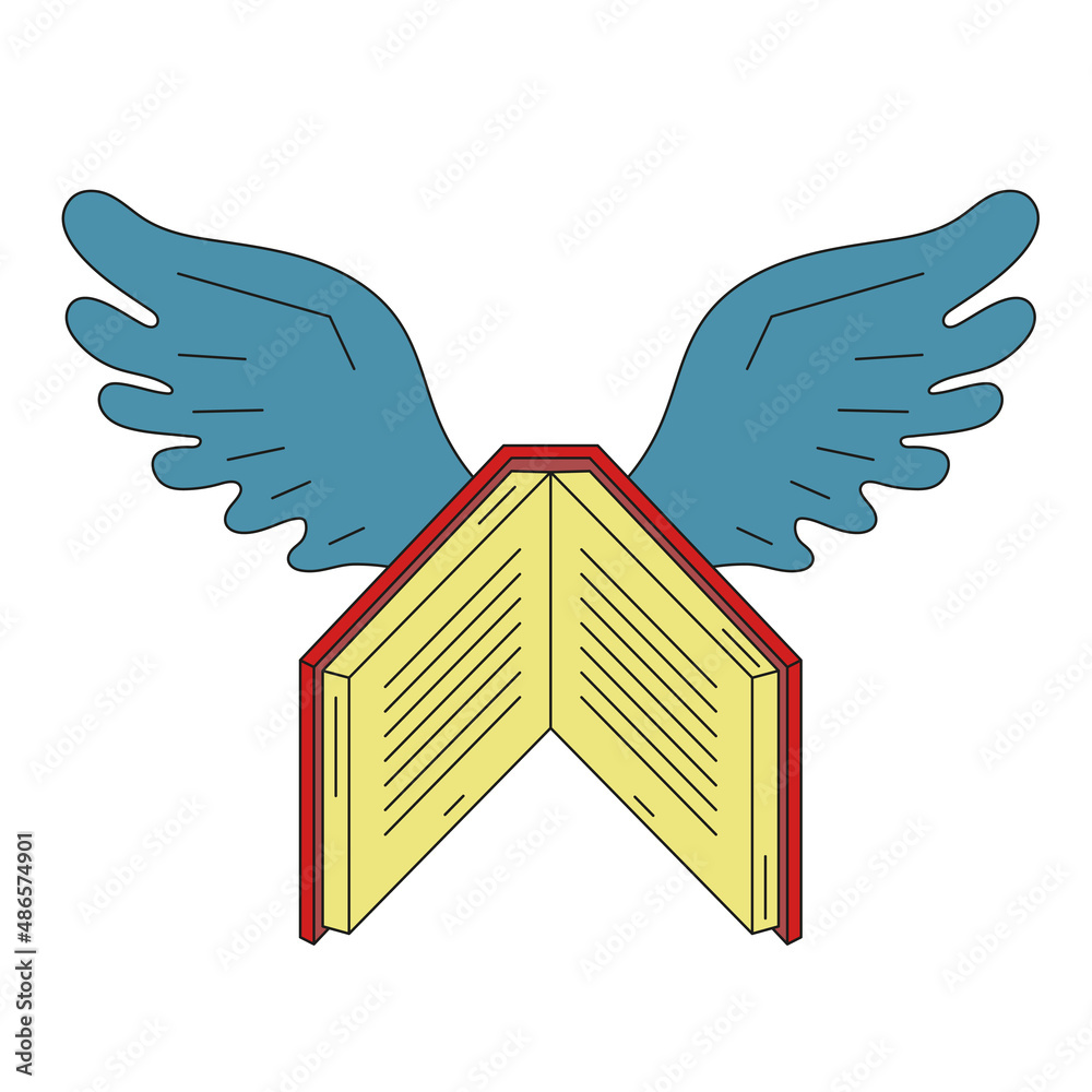 Open book with wings in outline. The book is flying in the air on bird ...