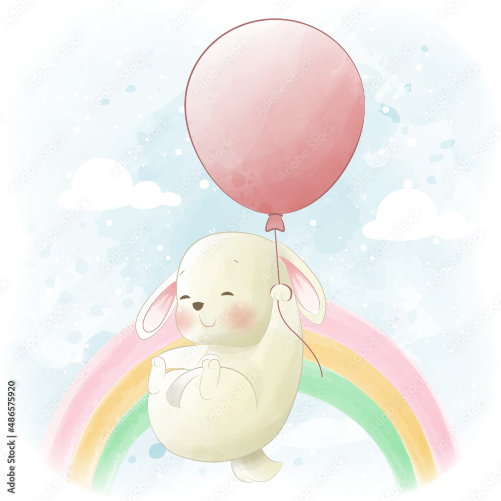 Cute bunny flying with balloon cartoon illustration watercolor style ...