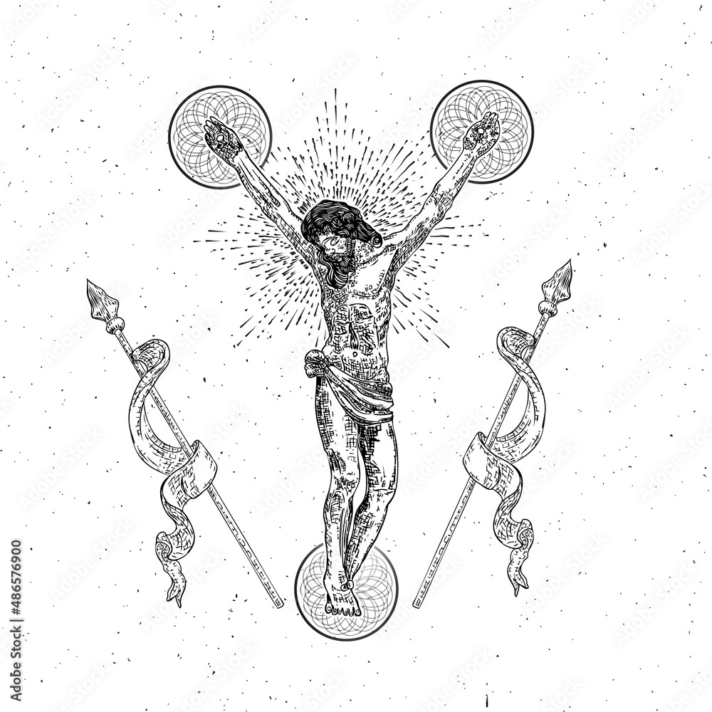 Jesus Christ crucified on sacred geometry mandala circles with angel ...
