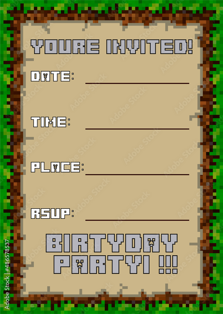 Birthday invitation. Great pixel game background. Game invitation card ...