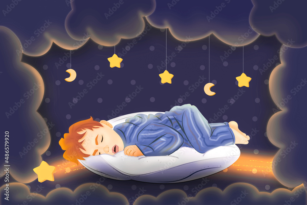 Sleeping baby having magical dreams, shooting star in the night sky ...