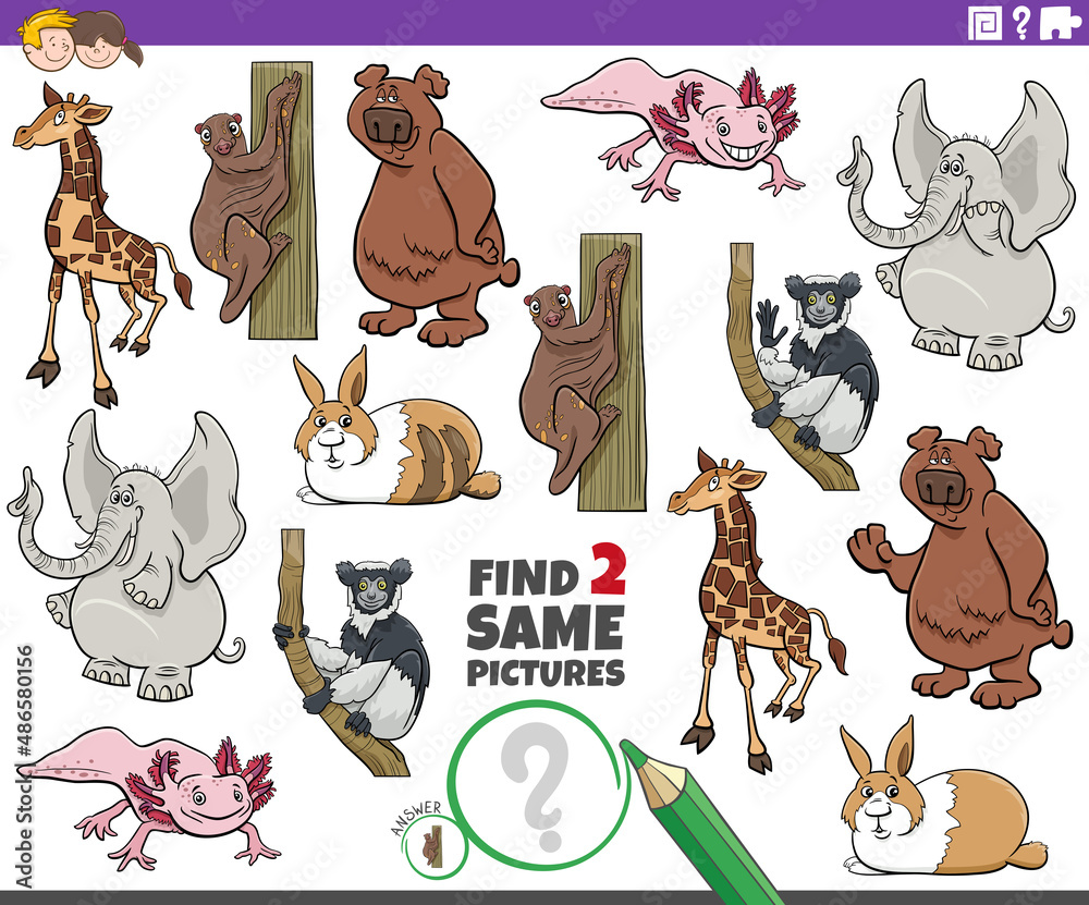 find two same cartoon wild animals educational task Stock Vector ...