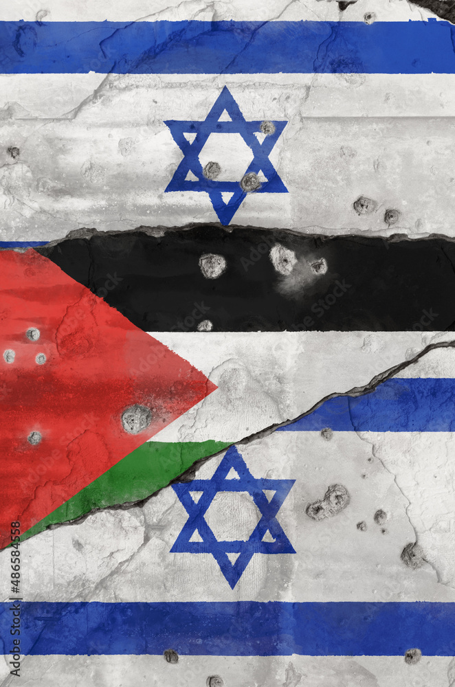 Full frame photo of a weathered flag of Palestine between two flags of ...