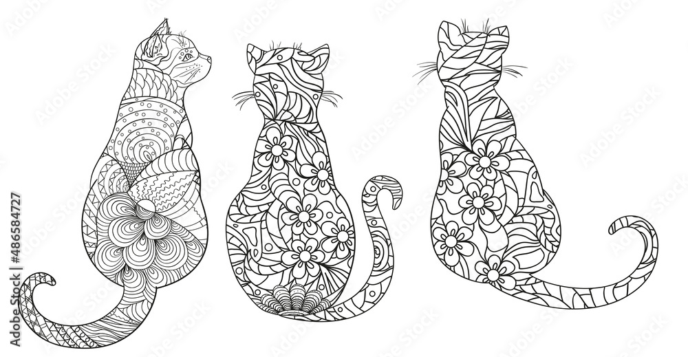 Cats. Zentangle. Hand drawn cat with abstract patterns on isolation ...