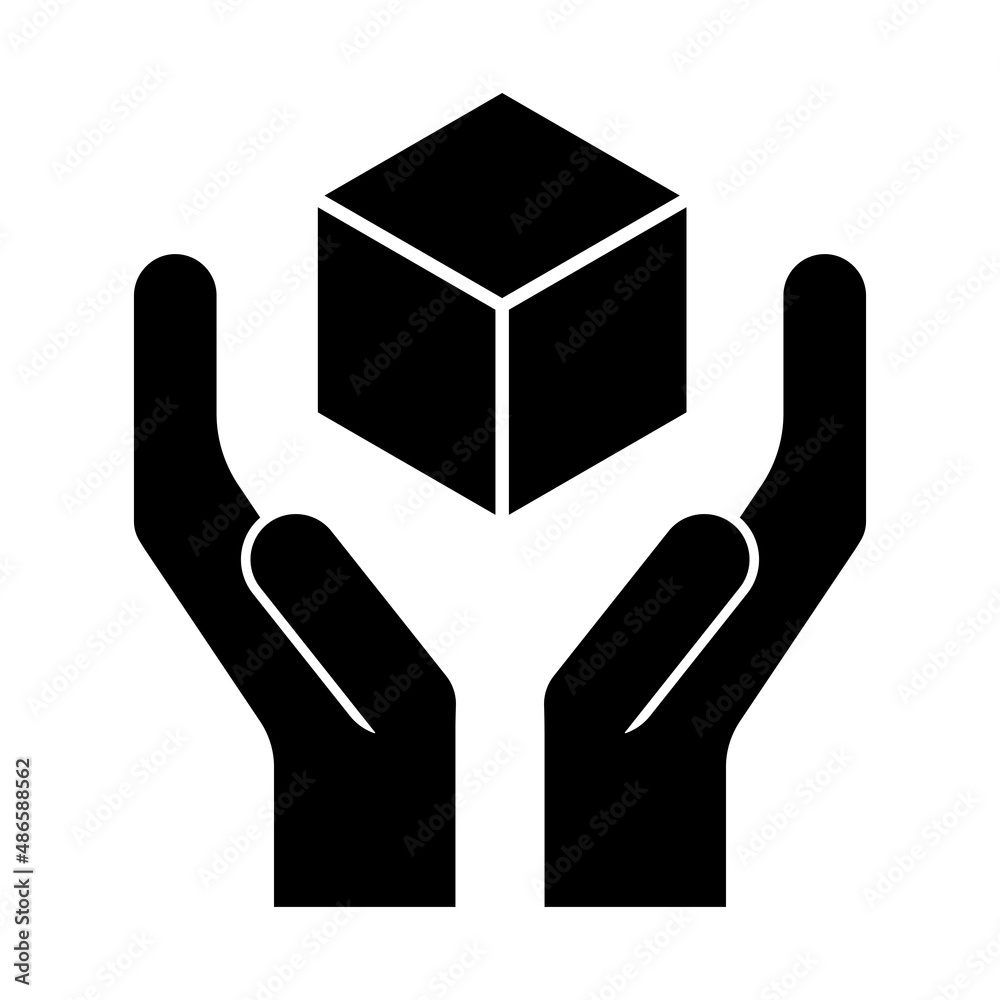 Handle with care symbol. Two hands holding cardboard box shipping label ...