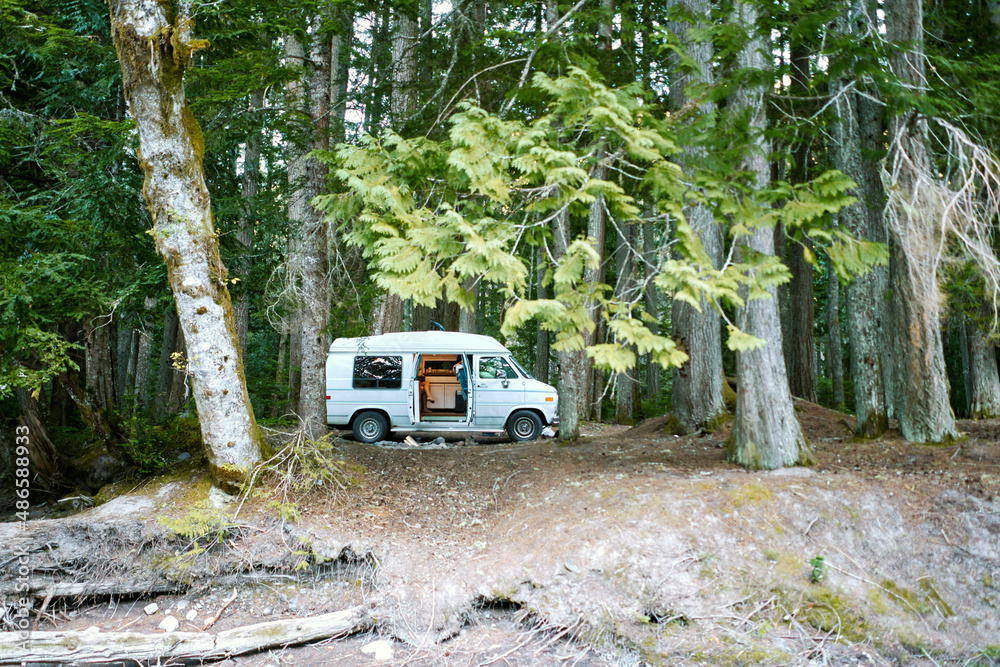 camper van in forest Stock Photo | Adobe Stock