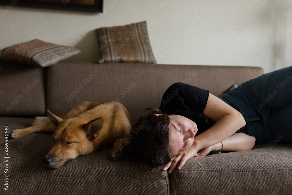 girl sleeping with a dog Stock Photo | Adobe Stock