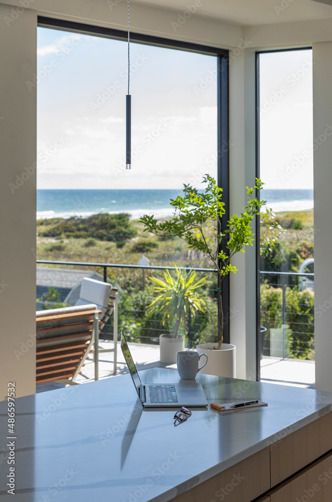 Computer on kitchen island with Marble countertop Stock Photo | Adobe Stock