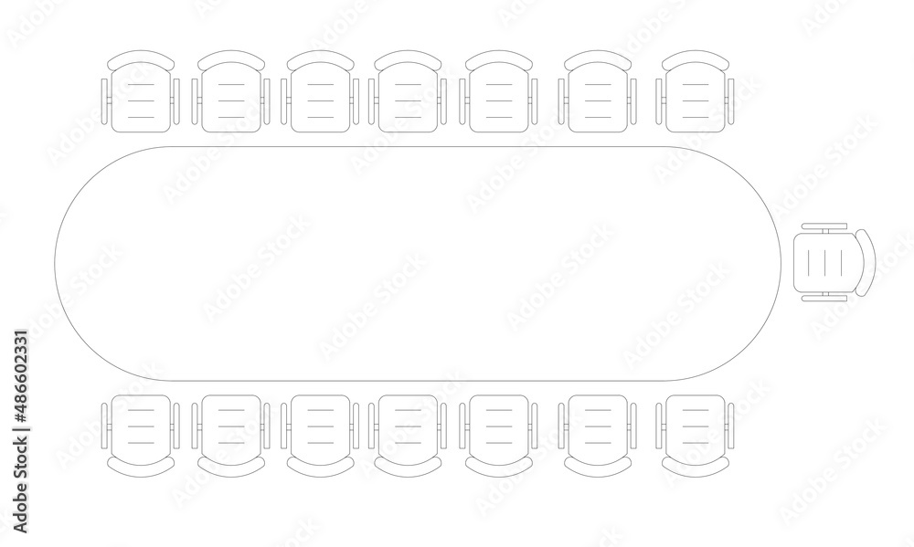 Graphic drawing of a meeting table with chairs from above. Black and ...