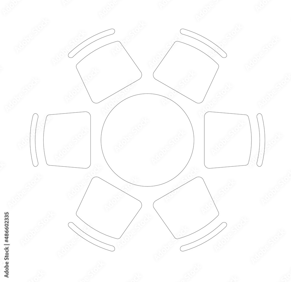 Graphic drawing of a meeting table with chairs from above. Black and ...