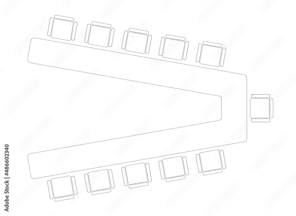 Graphic drawing of a meeting table with chairs from above. Black and ...