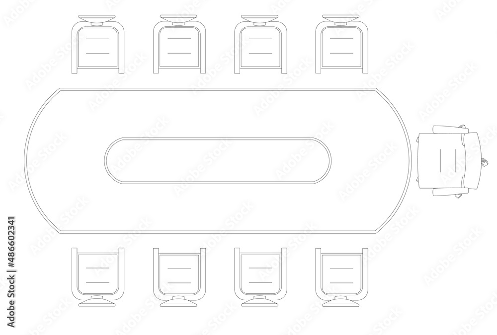 Graphic drawing of a meeting table with chairs from above. Black and ...
