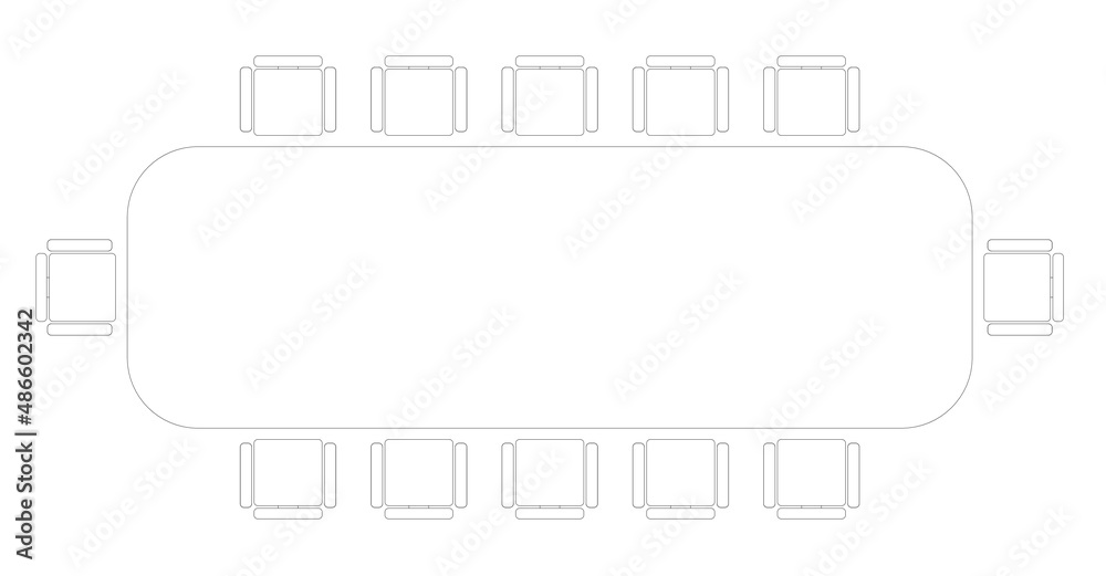 Graphic drawing of a meeting table with chairs from above. Black and ...