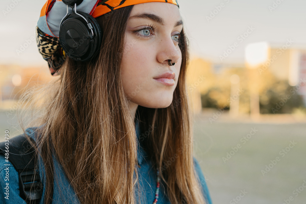 Beautiful woman with headphone portrait Stock Photo | Adobe Stock