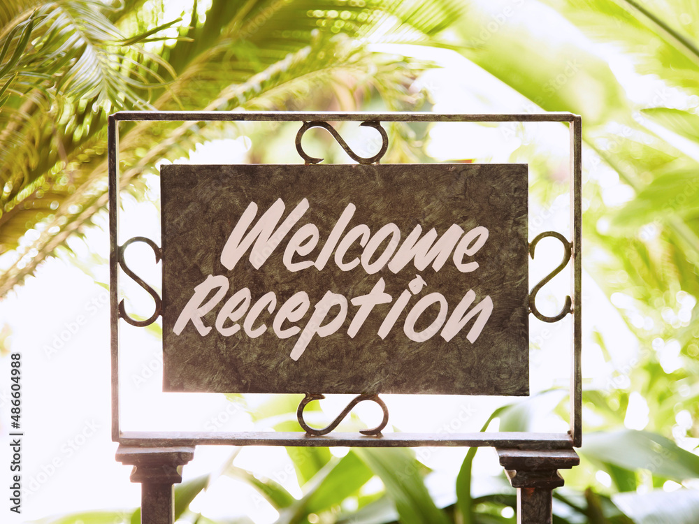Welcome reception sign at luxury tropical resort Stock Photo | Adobe Stock