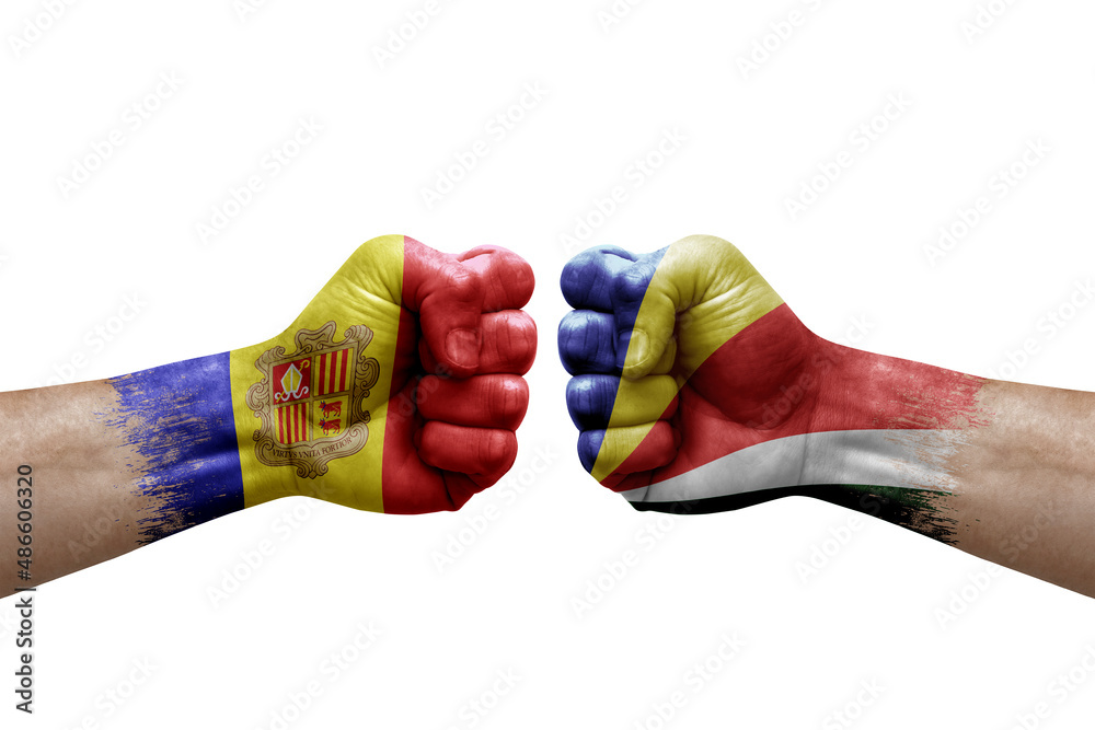 Two hands punch to each others on white background. Country flags ...
