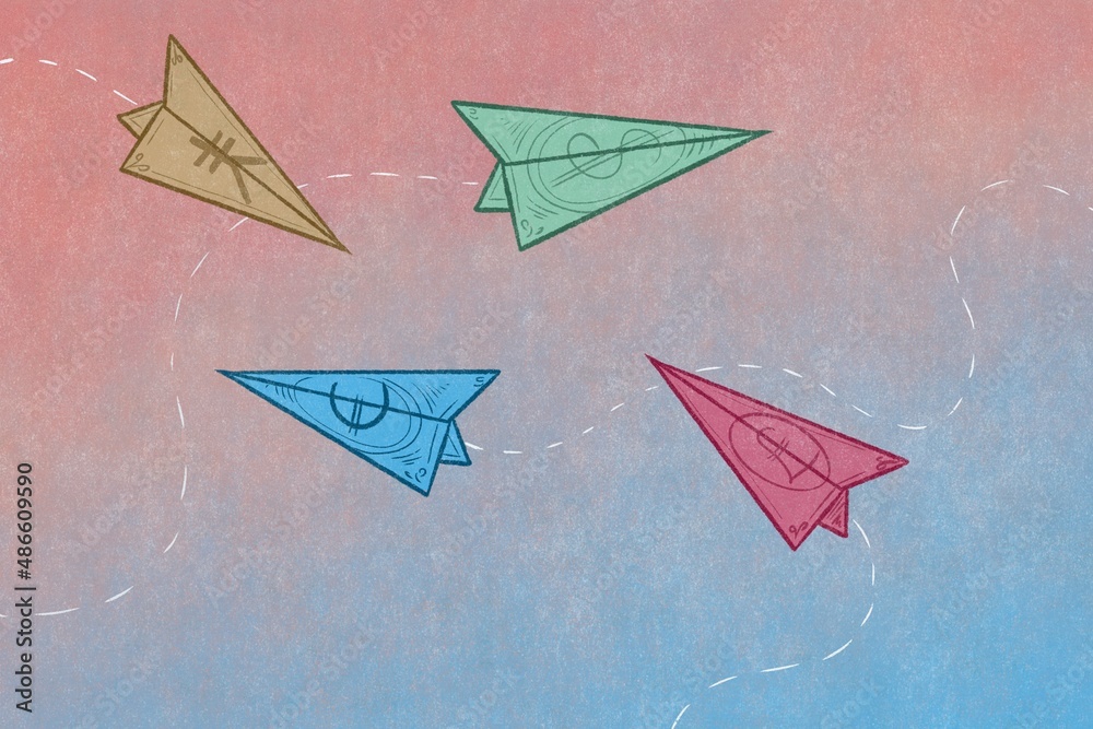Paper planes made from different currencies, Stock Photo | Adobe Stock