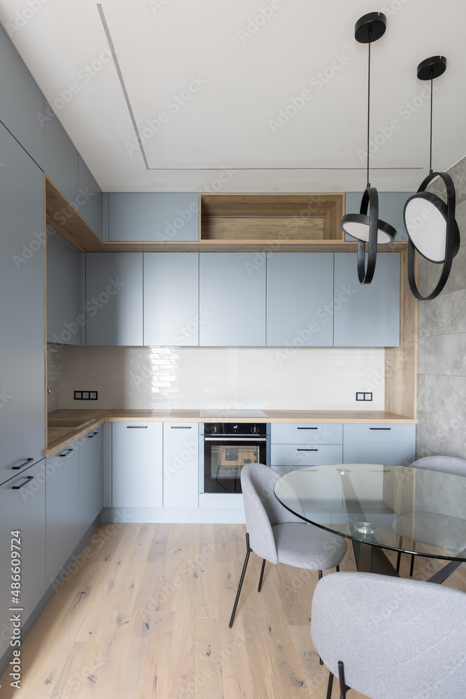 Frontal view of a kitchen with a handmade countertop Stock Photo ...