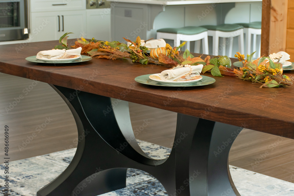 Walnut solid wooden dining table with black metal base legs and fall ...