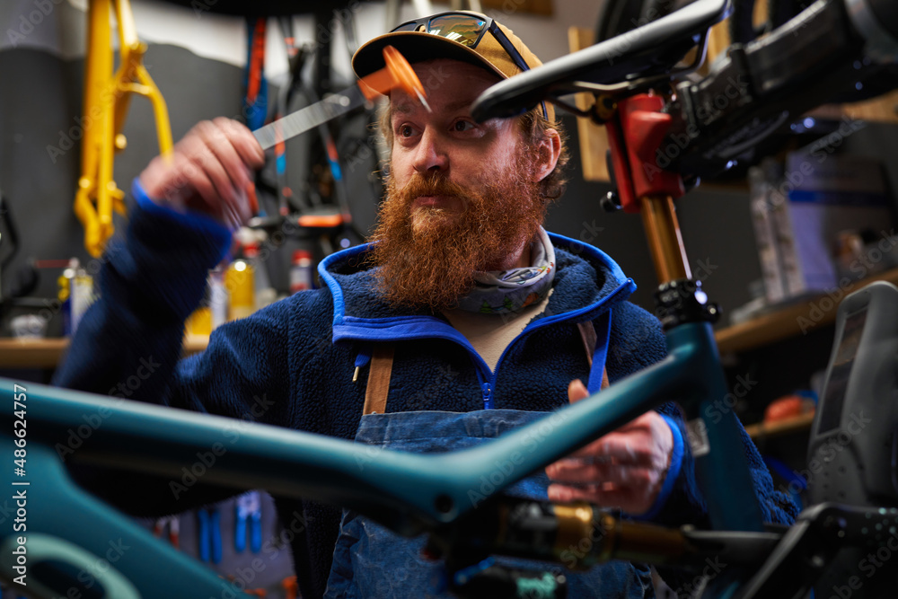 Tuning the mountain bike suspension Stock Photo | Adobe Stock