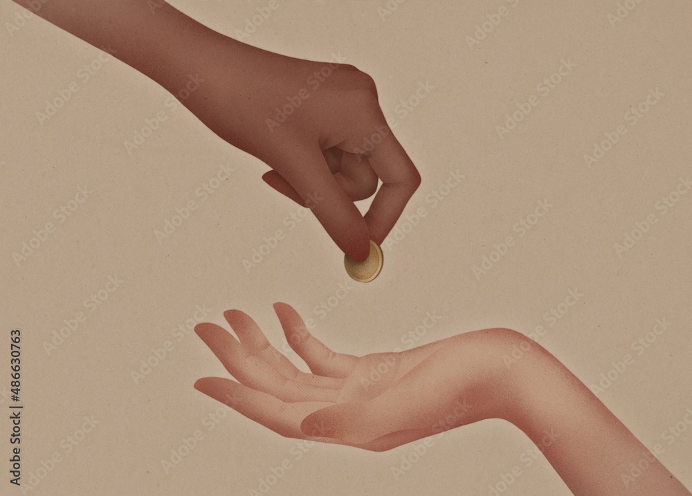 Hand giving gold coin to another hand illustration Stock Photo | Adobe ...
