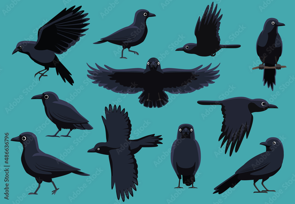 Crow Various Poses Cute Cartoon Vector Illustration Stock Vector ...