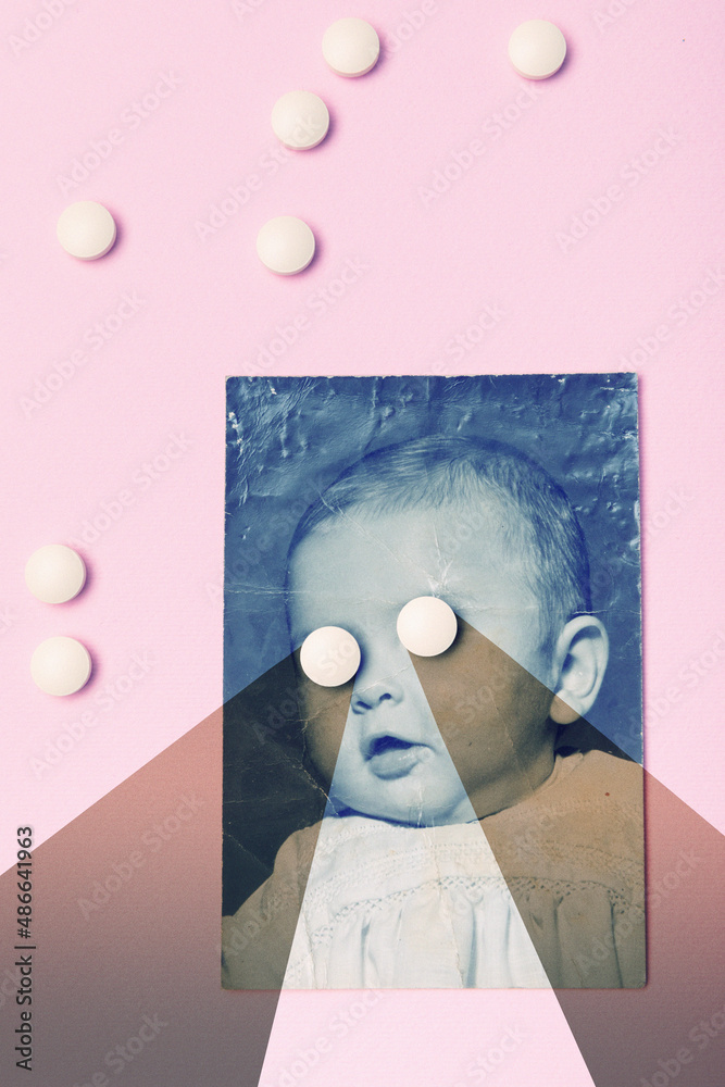 Old photo of baby with pills Stock Photo | Adobe Stock