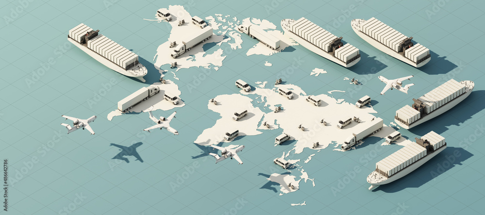 Poster the Earth world map surrounded by cardboard boxes, a cargo ...